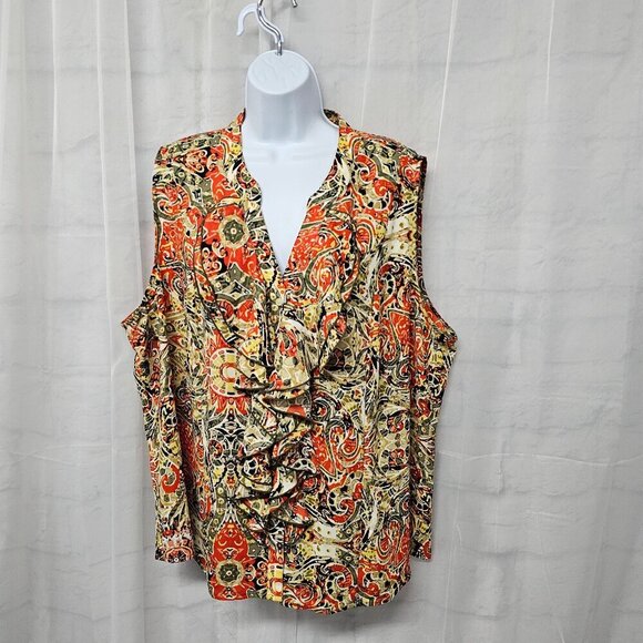 Cato | Tops | Cato Tank Grunge Ruffled Boho Button Down Orange Green ...